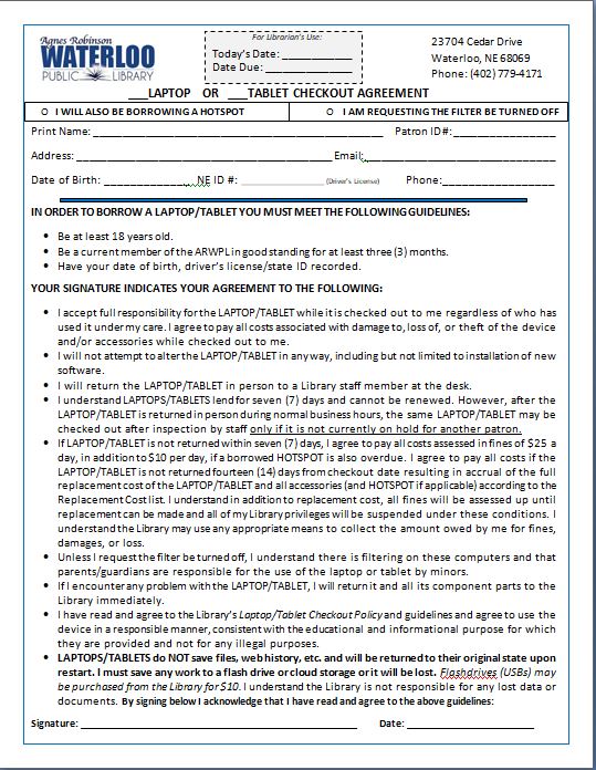 In-Library Laptop/Tablet Checkout Policy – Agnes Robinson Waterloo ...