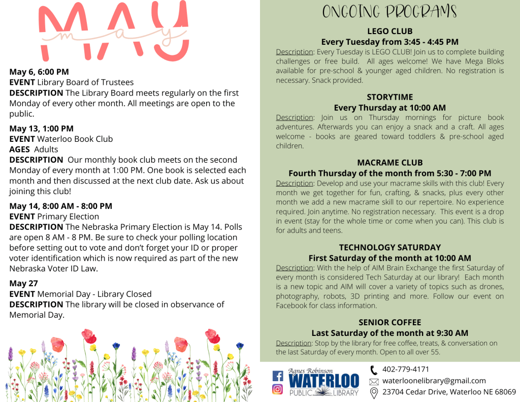 May Events – Agnes Robinson Waterloo Public Library